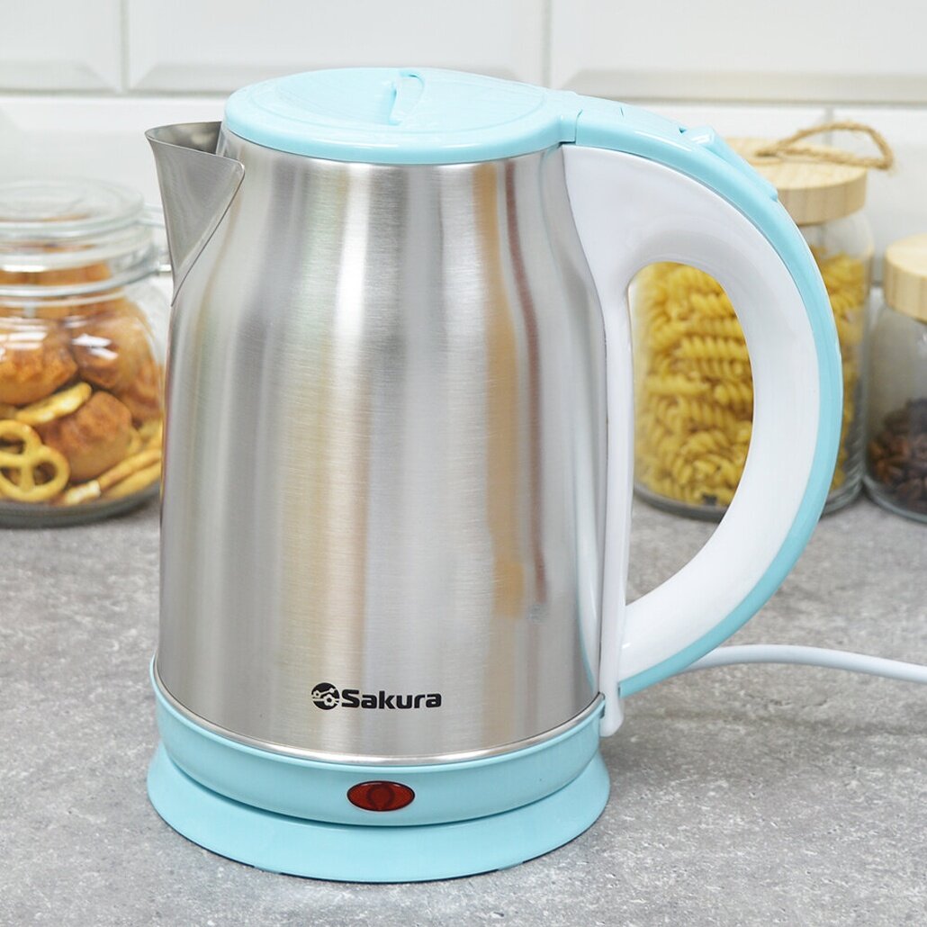 Чайник электрический 1,8 л, 1800 вт, нержавеющая сталь + синий, вращение 360°, автоматическое отключение