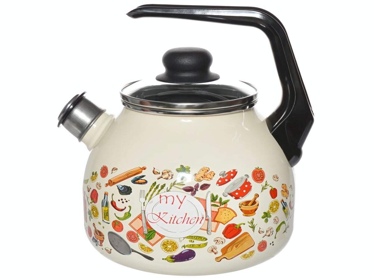Чайник эмалированный со свистком «Моя кухня», 3л, светлый кремовый, стеклянная крышка