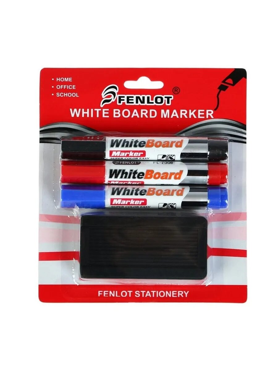 Маркеры для доски, набор, 3 цвета, 3 мм, с губкой