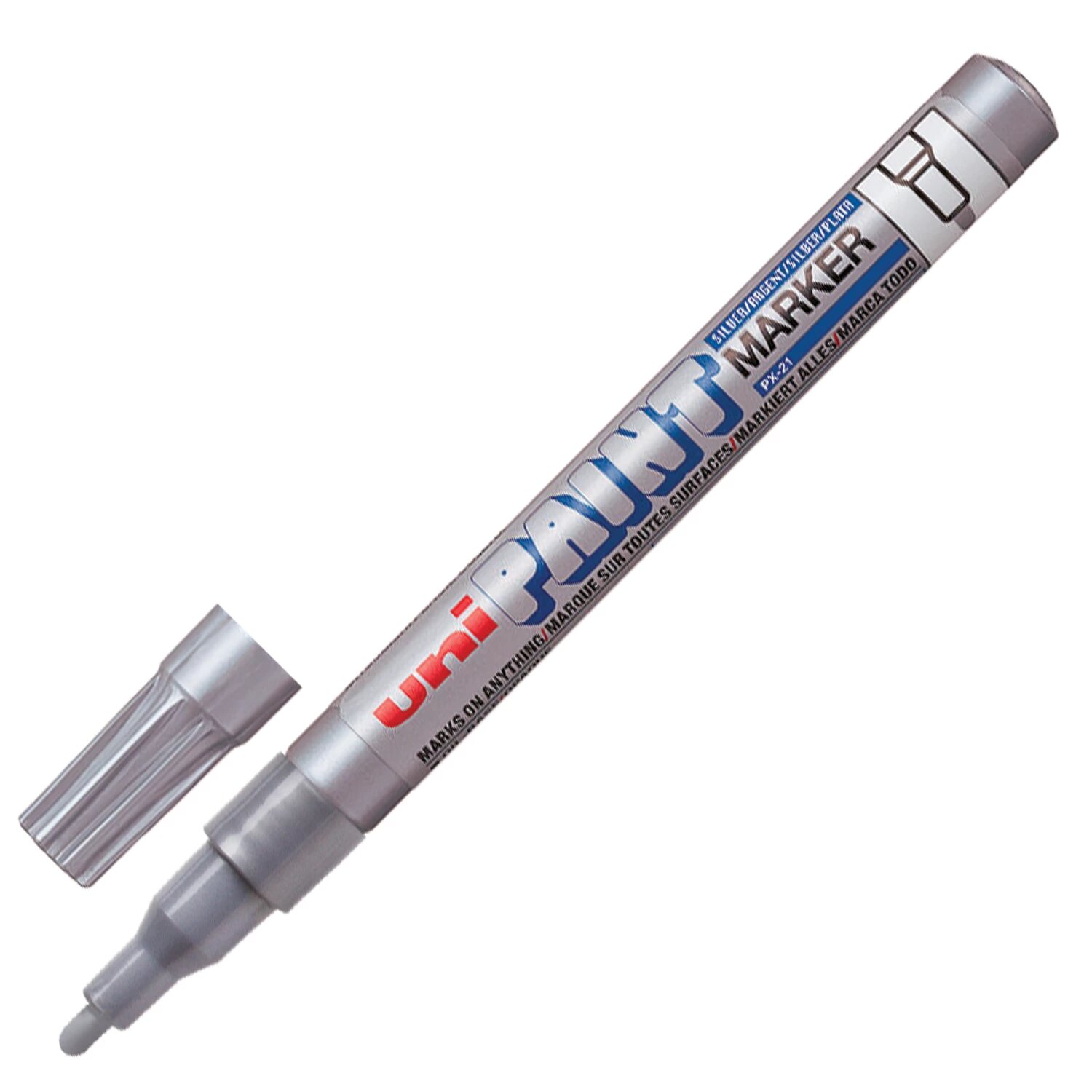 Маркер-краска лаковый (paint marker) UNI (Япония) «Paint», 0,8-1,2 мм, серебро, нитро-основа, алюминиевый корпус