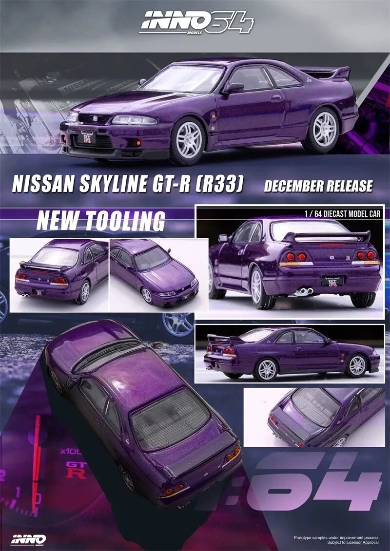 Машинка INNO 1/64 NISSAN SKYLINE GT-R (R33) Midnight Purple Die-cast Alloy Car Model Collection Gift