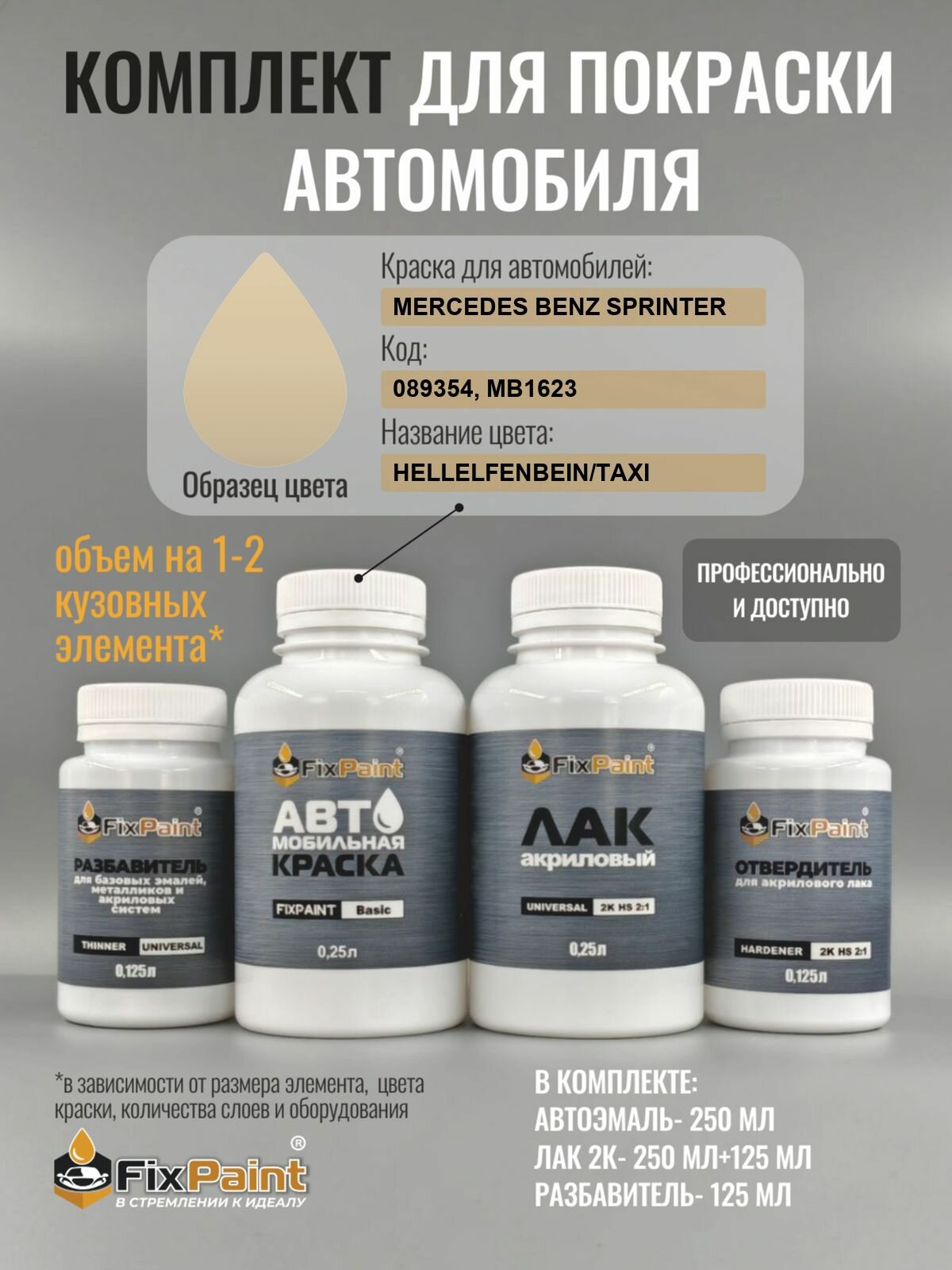 Комплект для покраски MERCEDES BENZ SPRINTER, код 089354, MB1623, HELLELFENBEIN/TAXI, базовая автомобильная краска 250 мл, лак 2K 250 мл с отвердителем, разбавитель 125 мл, FixPaint Pro