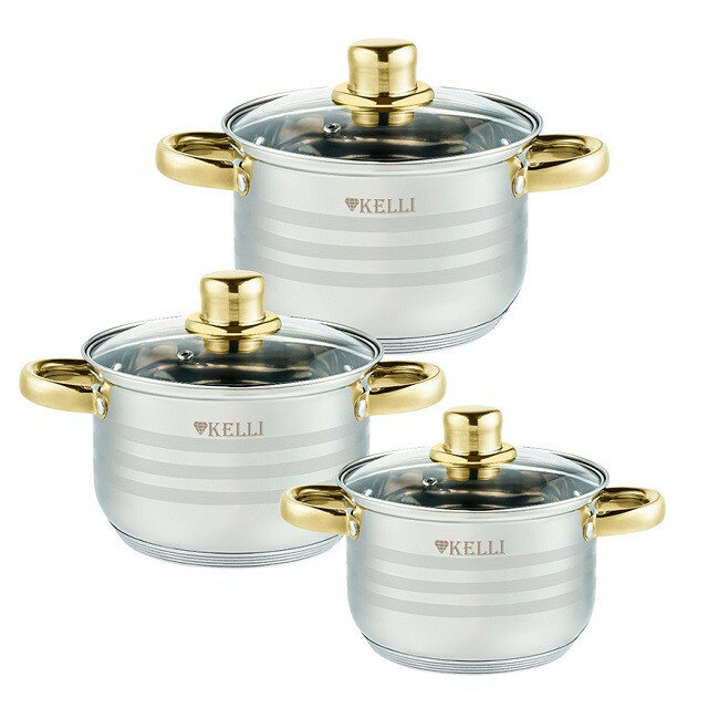 KELLI KL-4294 Gold, Набор посуды из 6 предметов: 2л; 2,5л; 3,5л, со стеклянными крышками