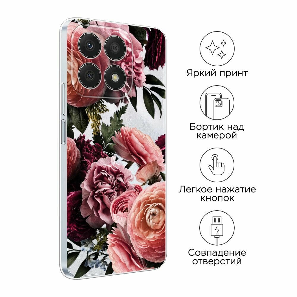 Чехол на Honor X8A / Хонор X8A с принтом "Бордовые винтажные цветы", прозрачный — фото 1