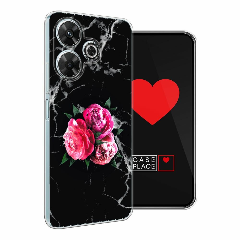 Чехол на Xiaomi Redmi Note 13R/Redmi 13/Poco M6 4G/M6 Plus / Сяоми Редми Ноут 13R с принтом "Букет на черном мраморе" — фото 1