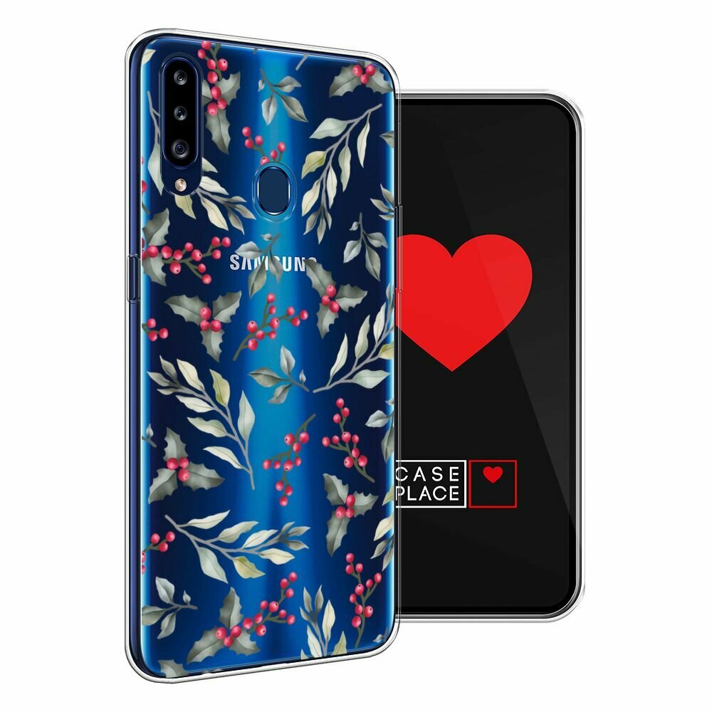Чехол на Samsung Galaxy A20s / Самсунг Галакси A20s с принтом Зимние ягоды паттерн, прозрачный — фото 1