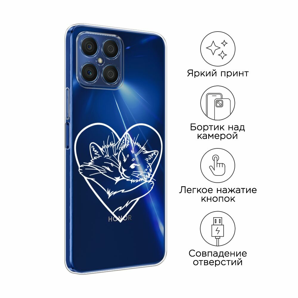 Чехол на Honor X8 / Хуавей X8 с принтом "Влюблённые котики рисунок 2 - 14 февраля", прозрачный — фото 1