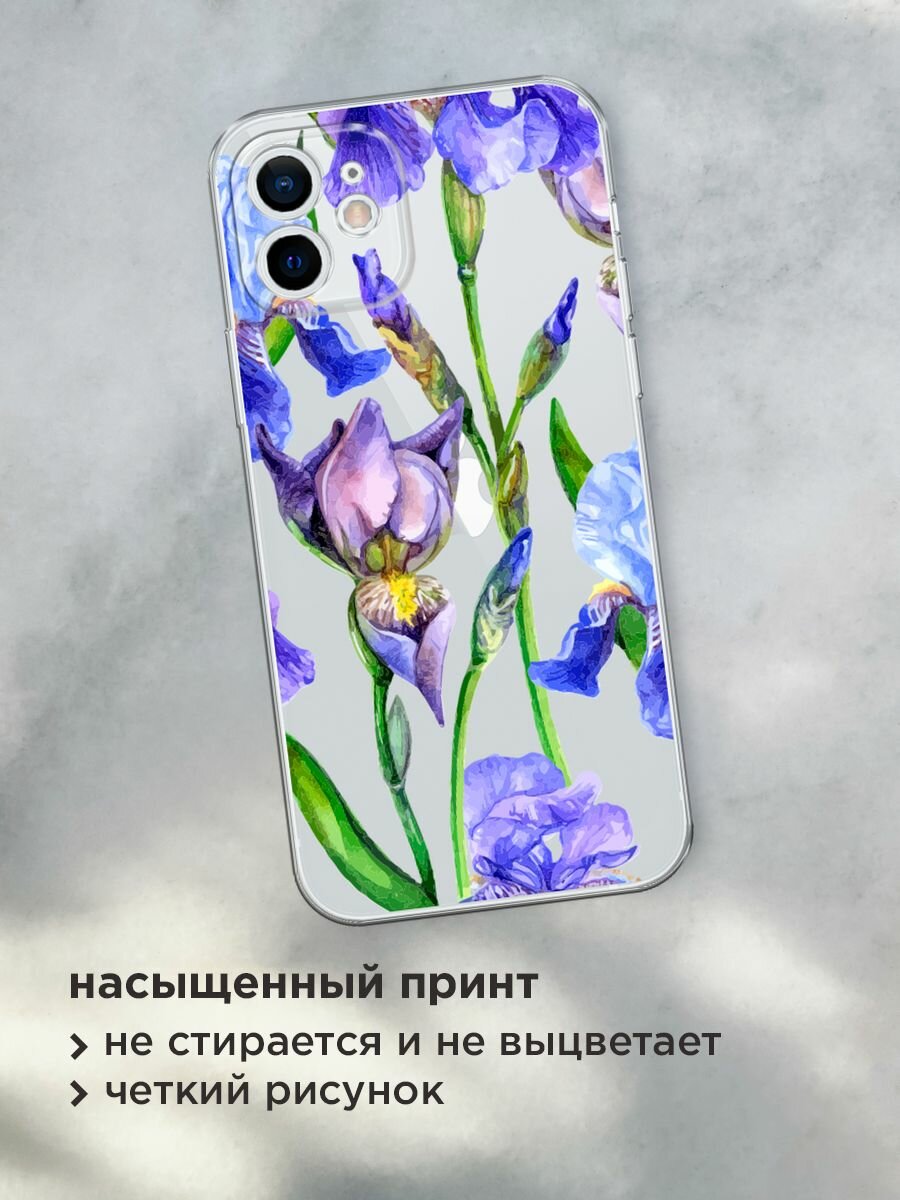 Чехол на Apple iPhone 12 mini / Айфон 12 Мини с принтом "Синие ирисы", прозрачный — фото 1