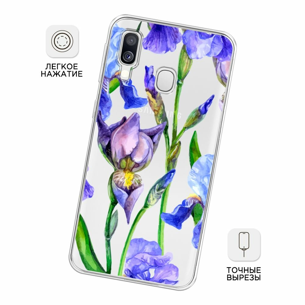 Чехол на Samsung Galaxy A40 / Самсунг Галакси А40 с принтом "Синие ирисы", прозрачный — фото 1