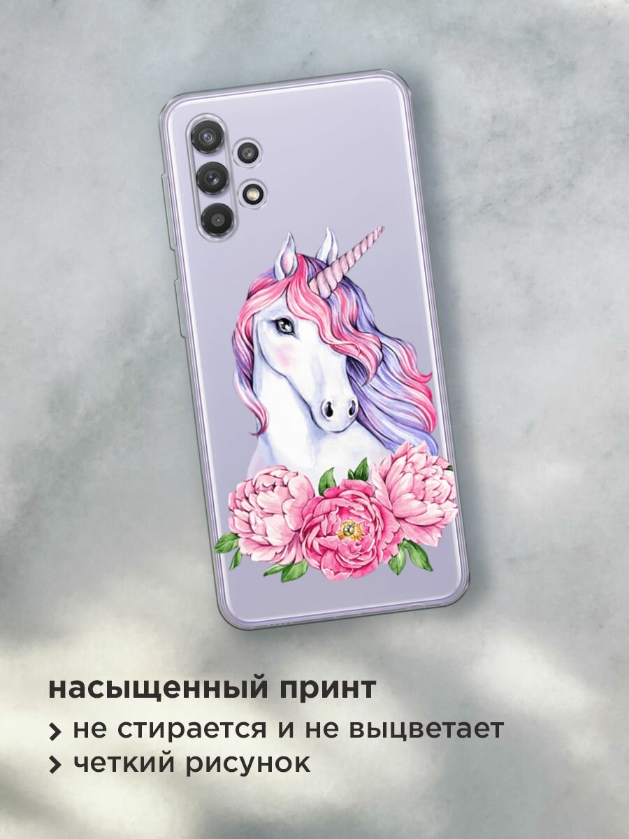 Чехол на Samsung Galaxy A32 / Самсунг Галакси А32 с принтом "Единорог с пионами", прозрачный — фото 1