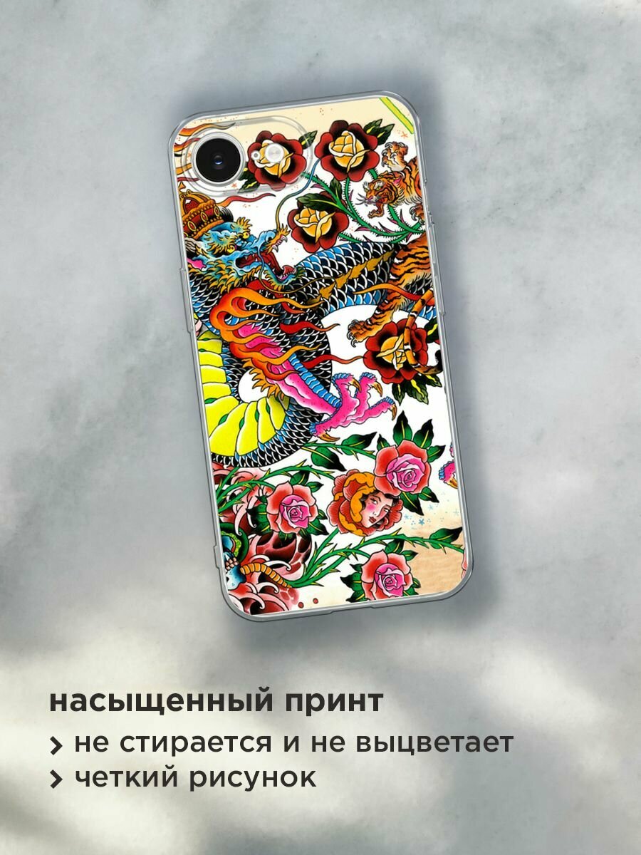 Чехол на Apple iPhone 16e/17e / Айфон 16е/17e с принтом "Дракон в цветах" — фото 1