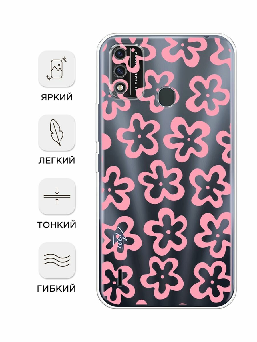 Чехол на Itel A48 / Ител А48 с принтом "Простые розовые цветочки", прозрачный — фото 1