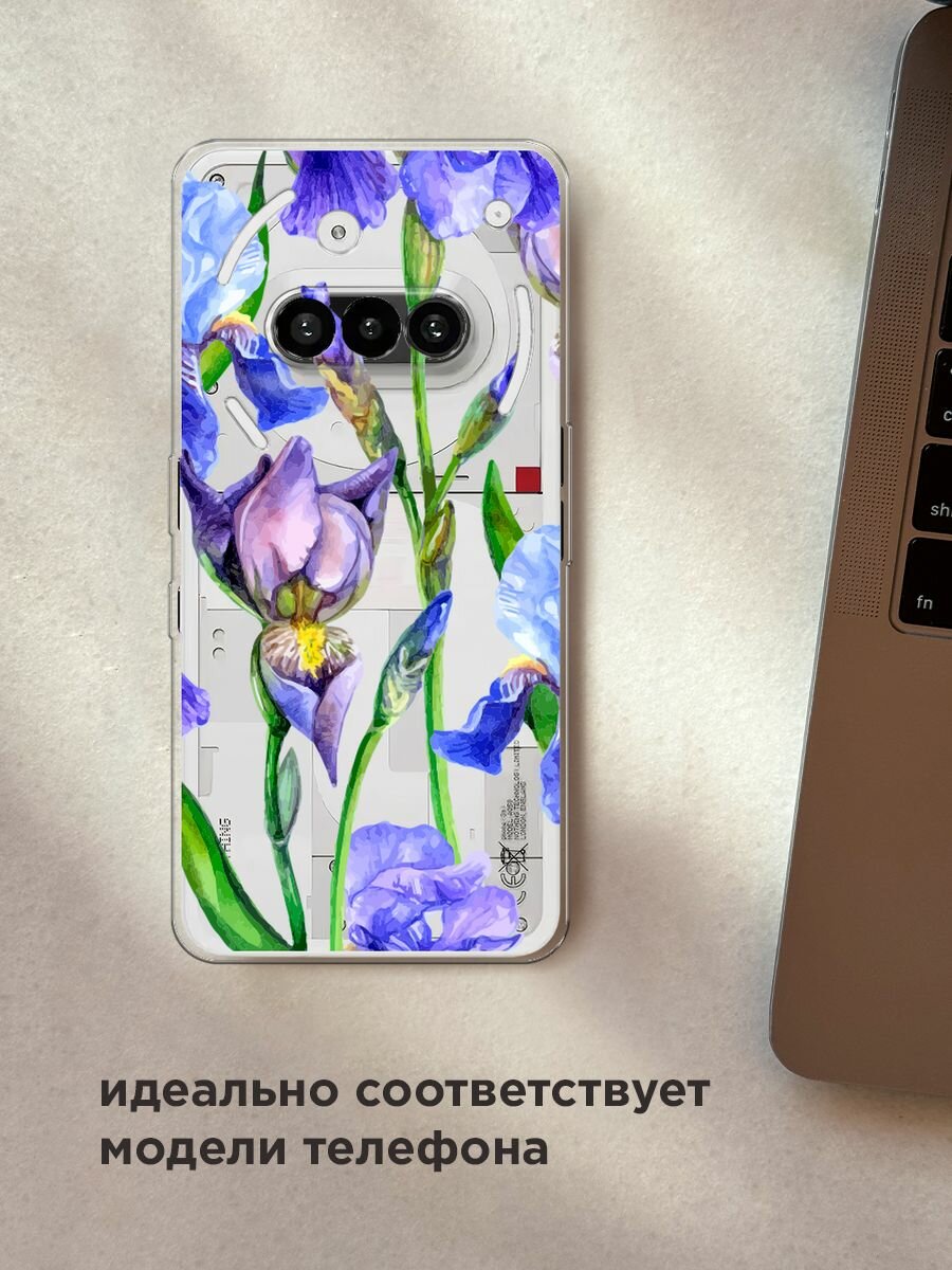 Чехол на Nothing Phone 3a / Нотинг Фон 3а с принтом "Синие ирисы", прозрачный — фото 1