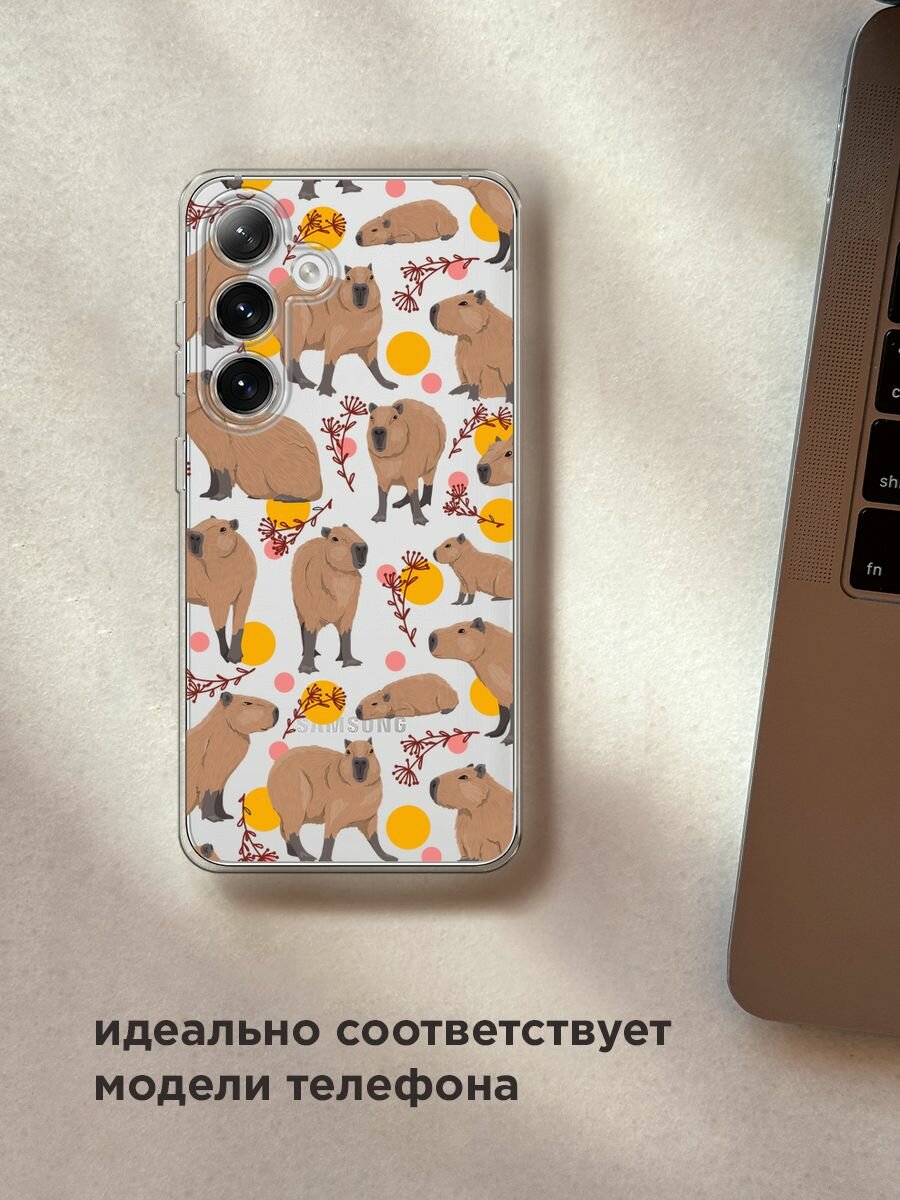 Чехол на Samsung Galaxy S24 / Самсунг S24 с принтом "Капибара паттерн", прозрачный — фото 1