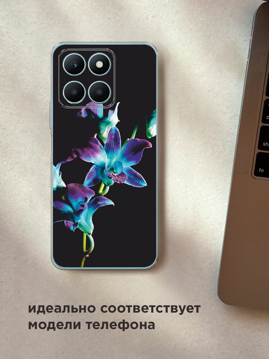 Чехол на Honor X6A / Хонор X6A с принтом "Синий цветок на черном" — фото 1
