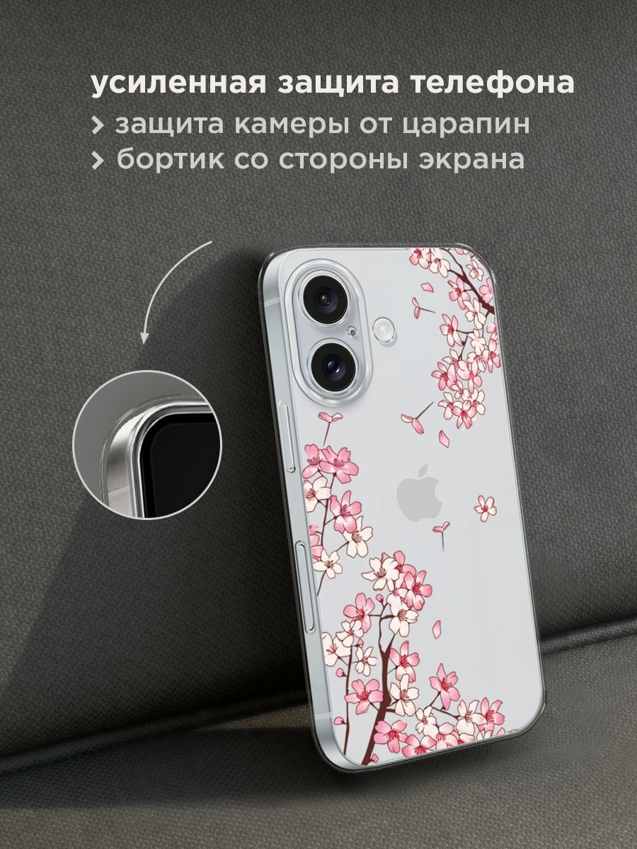 Чехол на Apple iPhone 16 / Айфон 16 с принтом "Ветви сакуры 1", прозрачный — фото 1