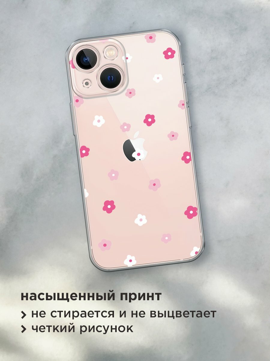 Чехол на Apple iPhone 13 mini / Айфон 13 мини с принтом "Весенние цветочки рисунок", прозрачный — фото 1