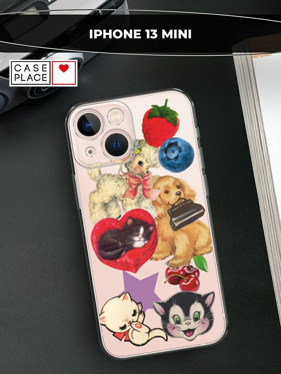 Чехол на Apple iPhone 13 mini / Айфон 13 мини с принтом "Милые стикеры", прозрачный