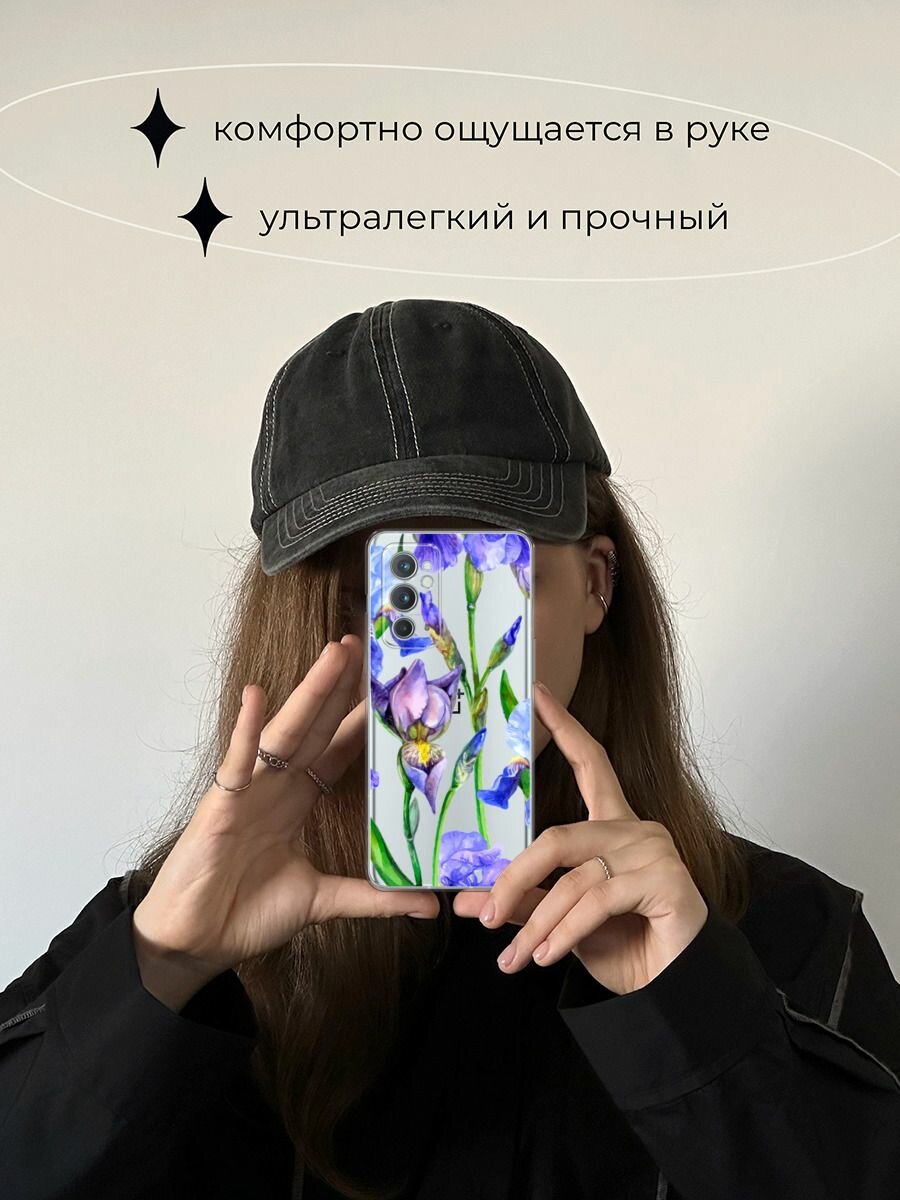 Чехол на OnePlus 9RT / ВанПлас 9RT с принтом "Синие ирисы", прозрачный — фото 1