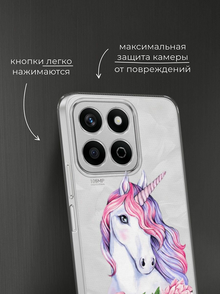 Чехол на Honor X7c / Хонор X7c с принтом "Единорог с пионами", прозрачный — фото 1