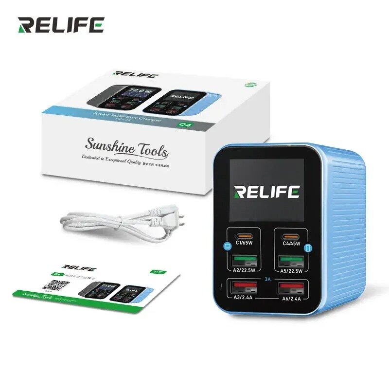 6-портовое зарядное устройство RELIFE Q4 72W с быстрой зарядкой 2 PD + 2 QC, цветной экран, компактный размер