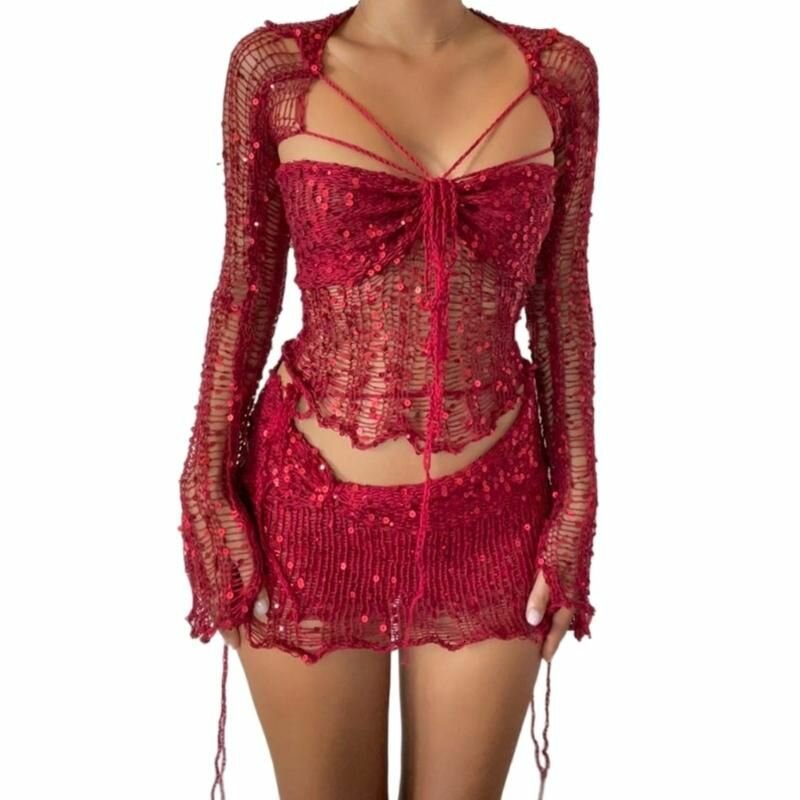 Женский комплект из 3 предметов: кружевное платье с пайетками, топ-труба и юбка для пляжа, красный - L