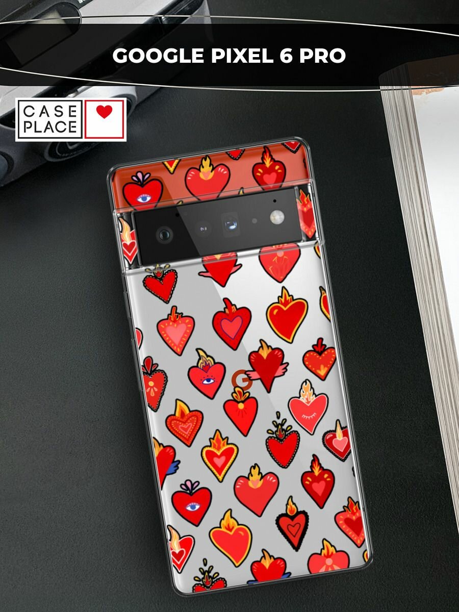 Чехол на Google Pixel 6 Pro / Гугл Пиксель 6 Pro с принтом "Дьявольские сердца паттерн", прозрачный