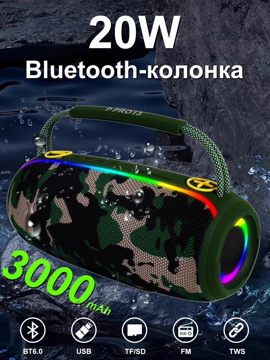 Портативная Bluetooth-колонка 20Вт с RGB-подсветкой и защитой от воды. Мощный звук для улицы, поддержка FM/USB/AUX/TF.
