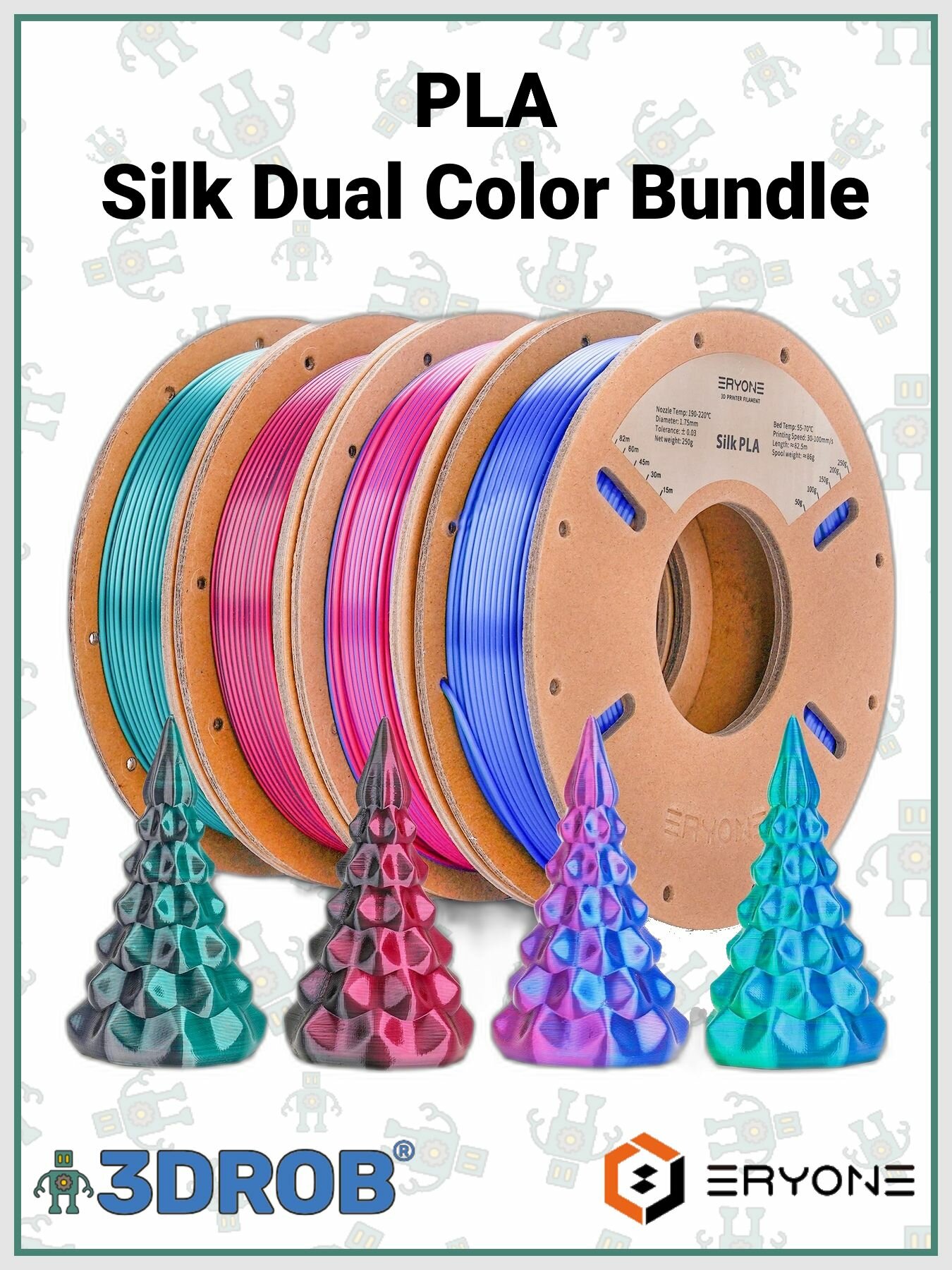 Набор из 4 катушек 0.25 кг пластика для 3D принтера PLA Silk Dual Color 1,75 мм (Eryone) разных цветов - Тип 3