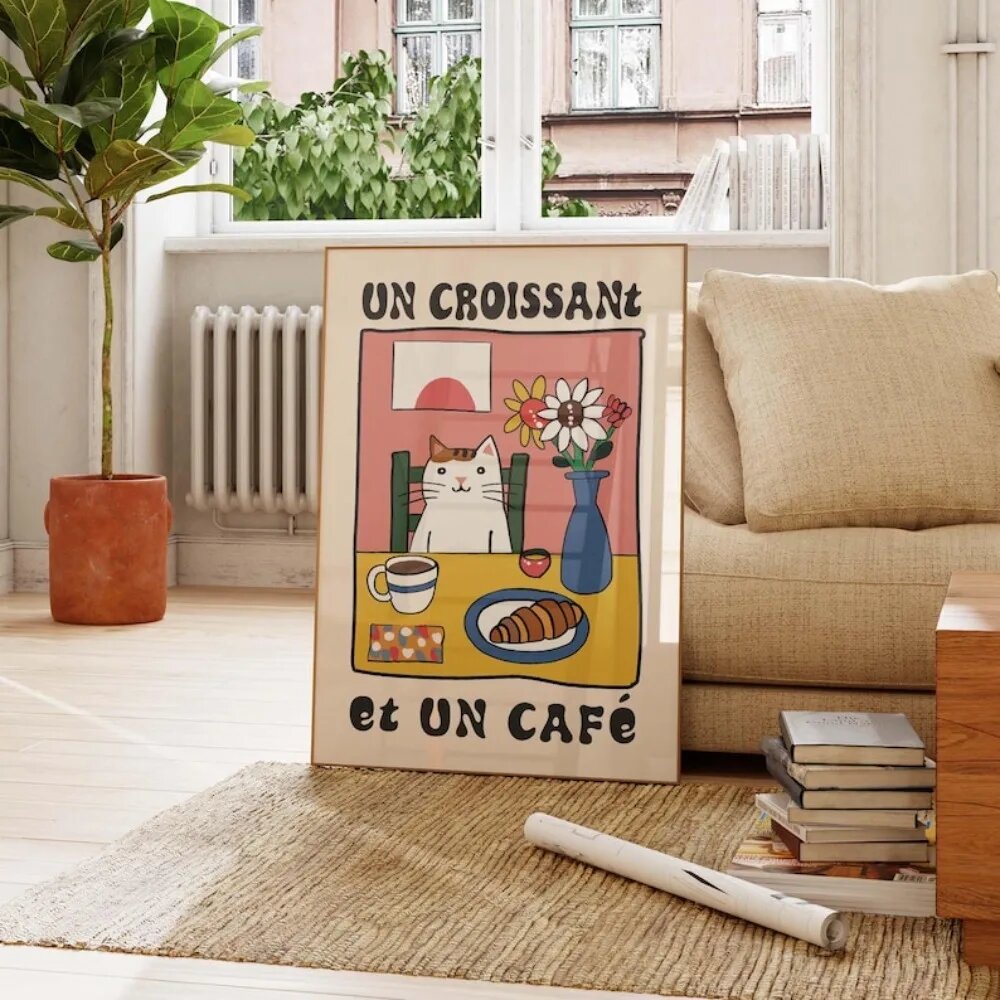 Постер "Кот с круассаном и кофе" 40x60см, TT1672-1