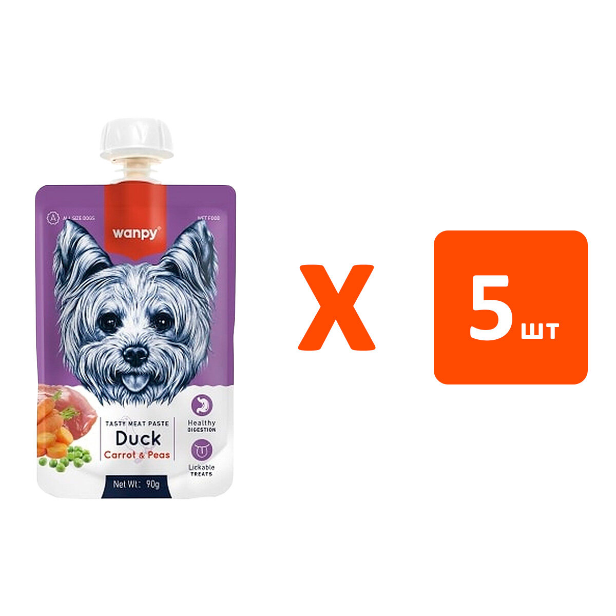 Лакомство WANPY DOG для собак, мясной мусс с уткой, морковью, горохом, 90 гр х 5 шт