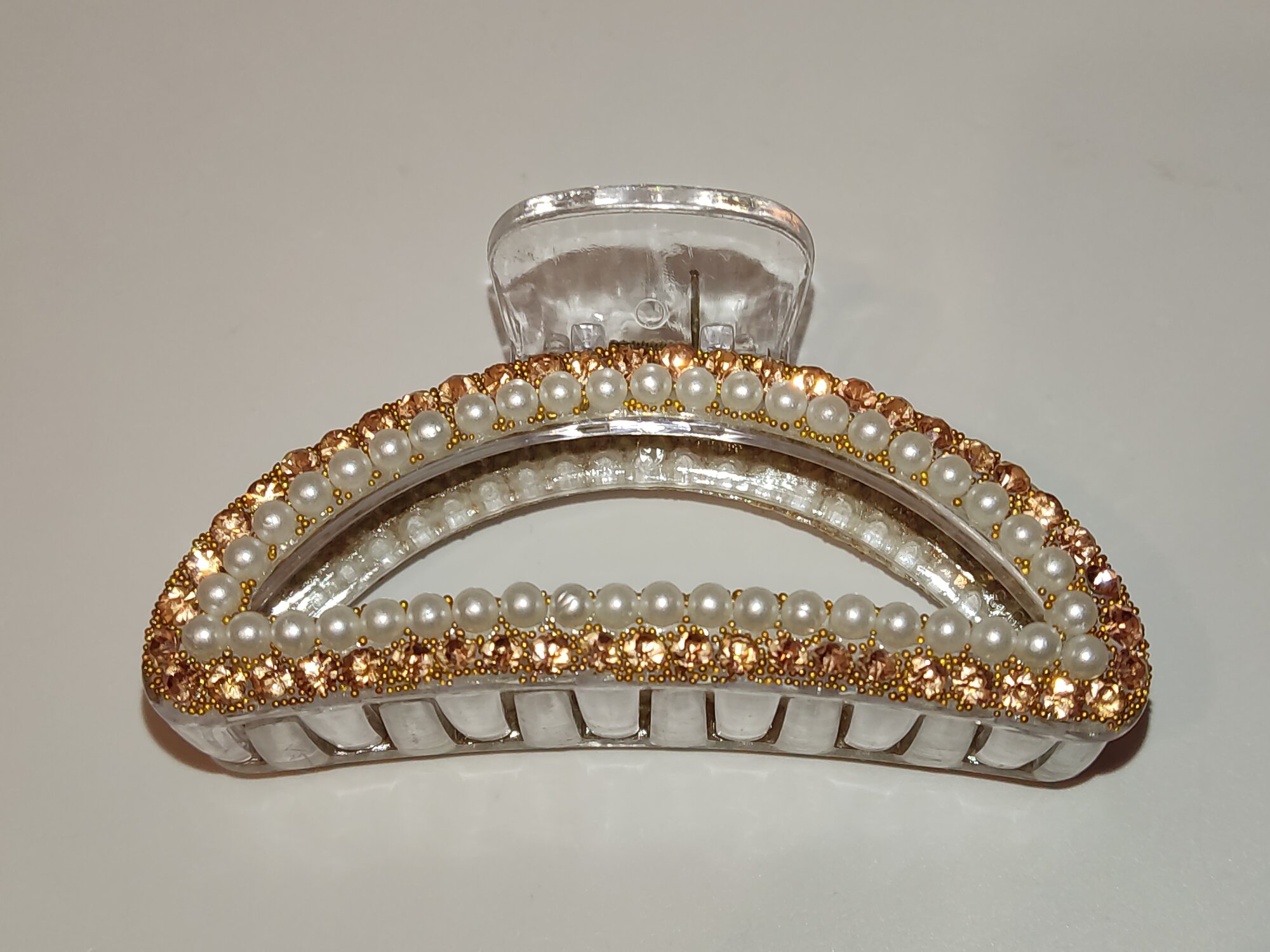 Заколка краб для волос "Жемчужный", пластик, стразы, 8.5 см