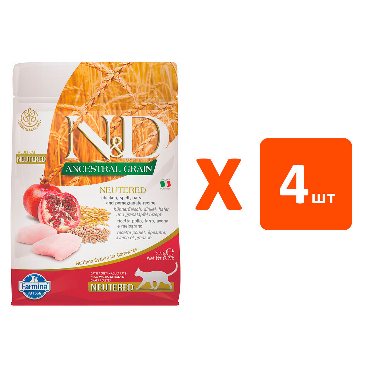 Корм сухой Farmina Cat N&D Ancestral Grain Neutered Chicken &Pomegranate низкозерновой для взрослых кастрированных котов и стерилизованных кошек, курица и гранат, 0,3 кг х 4 шт