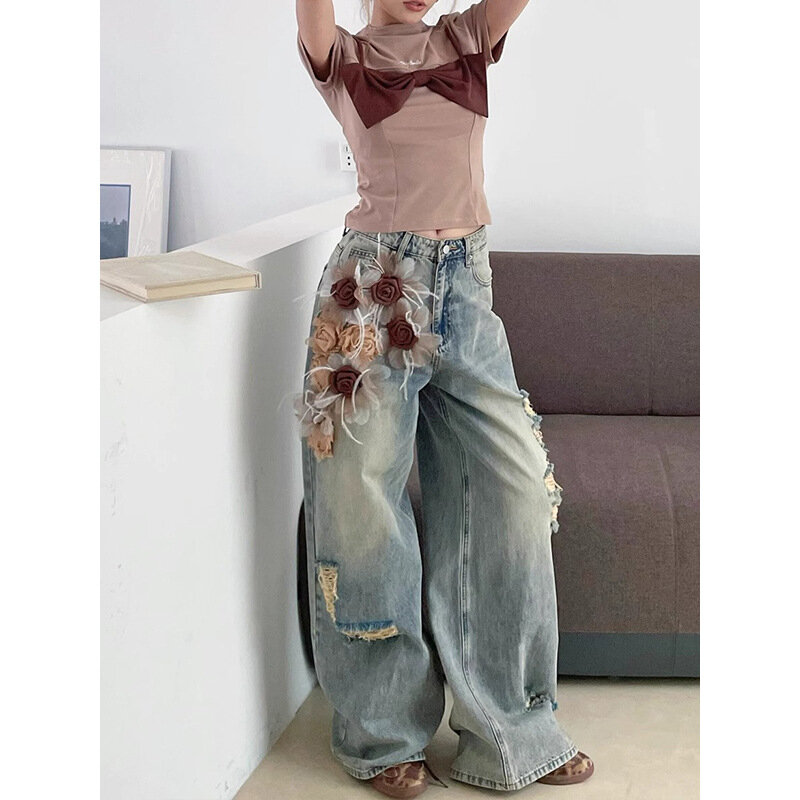 Женские джинсы Версия повышения Модные хайстрит летние — высокоходные свободные вышитые розы рваные штаны
