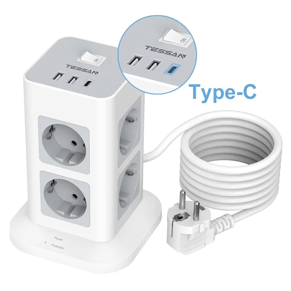 Удлинитель TESSAN TPS03-DE-C-BK 8 розеток + 3 USB 2 м Gray 8AC 2U 1C