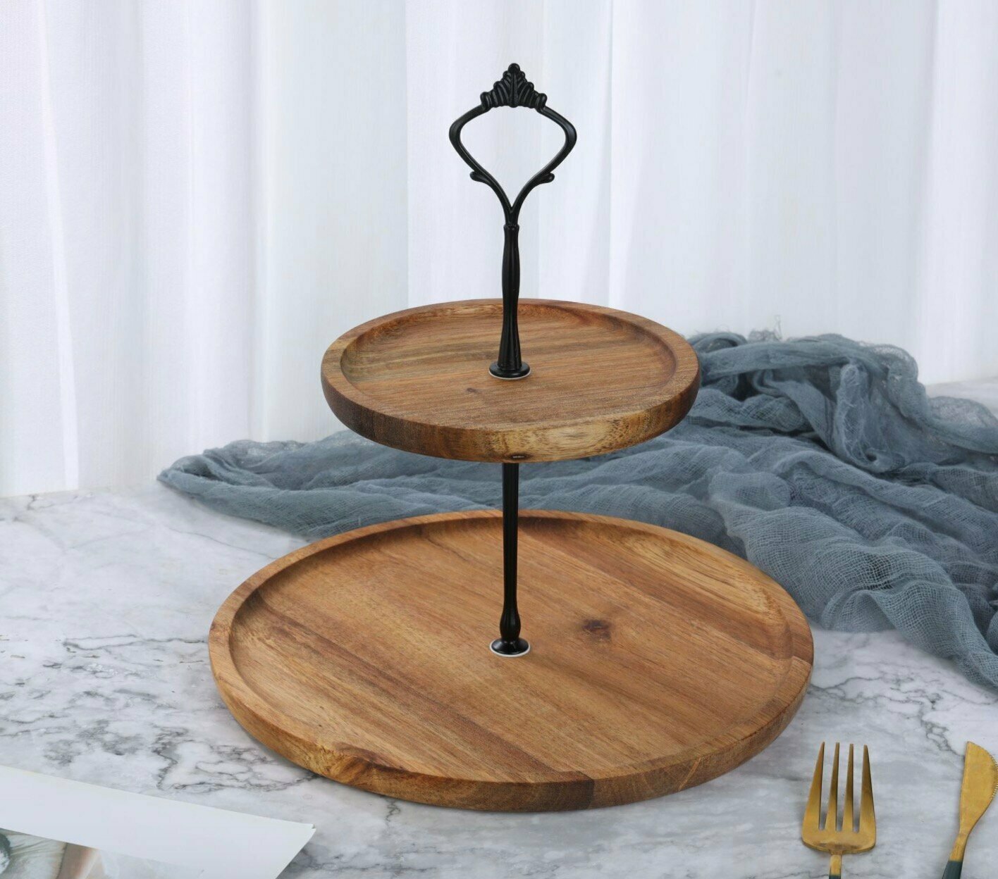 Украшение стола двухъярусный деревянный поднос NiNi для закусок, торта, десерта, сыра, ягод кондитерская фруктовница менажница