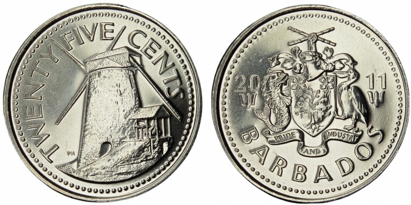 Барбадос 25 центов, 2007 - 2022 Мельница XF