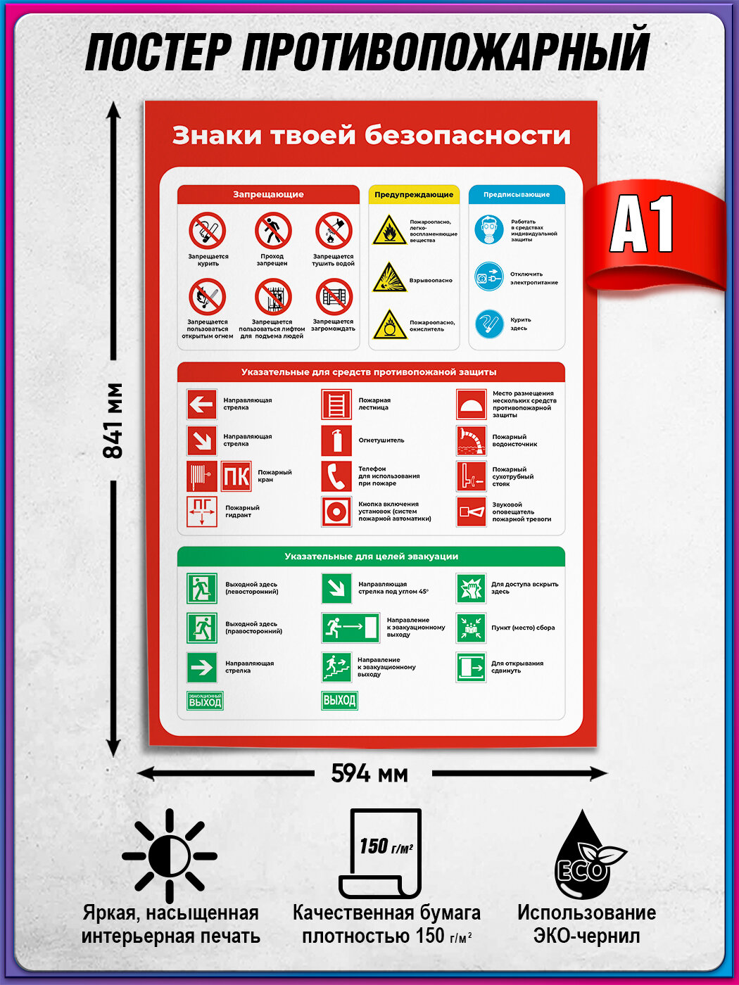 Плакат "Знаки твоей безопасности" / Постеры противопожарной безопасности / А-1 (60x84 см.)