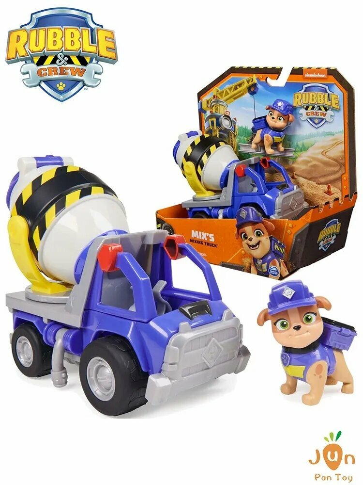 Щенячий патруль / Spin Master Nickelodeon Paw Patrol Rubble Crew Mix's Cement Mixer / Детский игрушечный кран с подвижными частями и коллекционными куклами, подходит для детей старше 3 лет