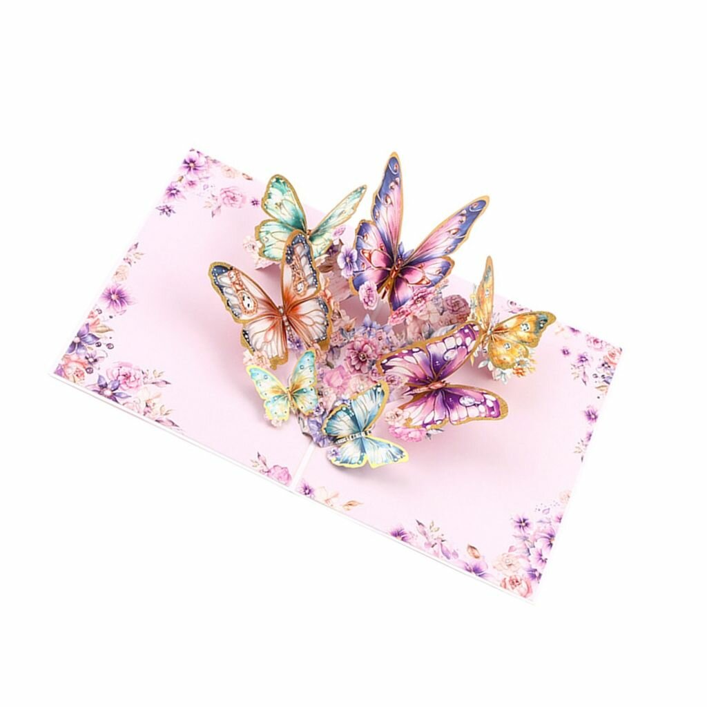 Поздравительная открытка в виде 3D-бабочки с розовым и золотым тиснением