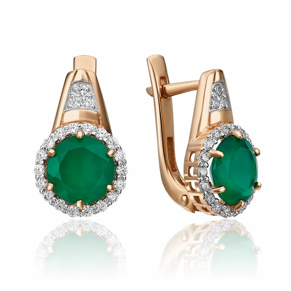 Серьги, красное золото, 585 проба, халцедон, фианит