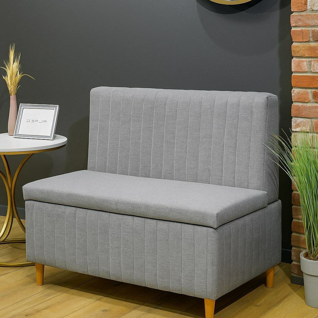 Прямой диван модульный с вместительным бельевым ящиком для кухни, гостиной, зала, спальни, серая рогожка на ножке