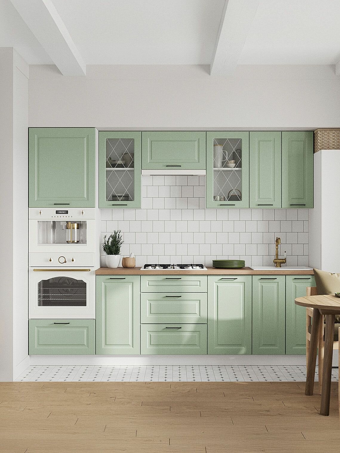 Кухонный гарнитур Шервуд 2.6 м, мебель для дома и кухни, Белый / Шато мята со стеклом