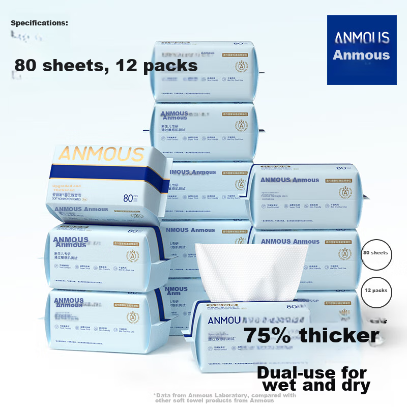Anmous Baby Soft Cotton Wipes, Dry And Wet Use Facial Cleansing Wipes, Thickened Cotton Gentle Face Towels, Pearl Texture, 80 Sheets * 12 Packs, Family Size