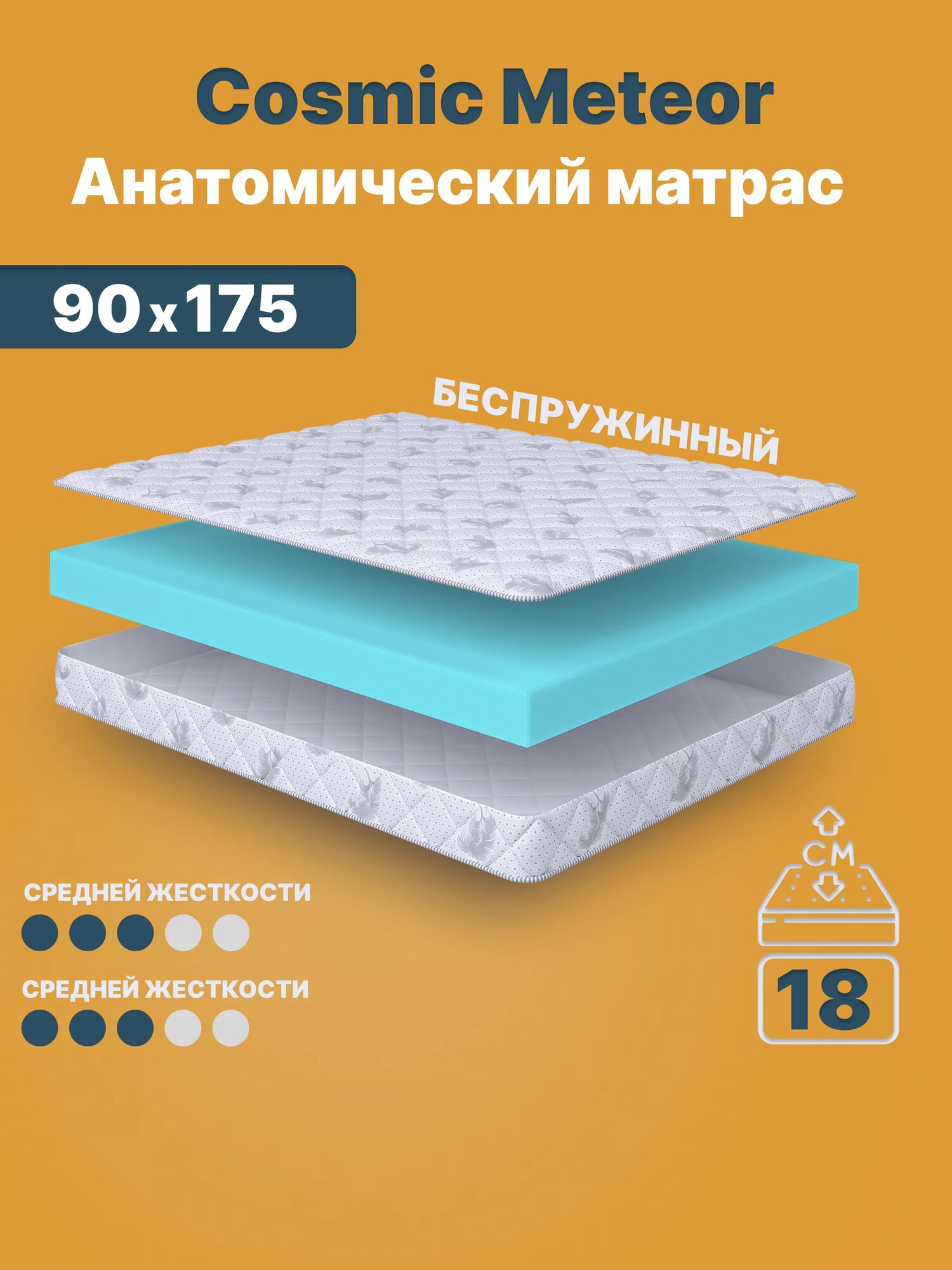 Матрас 90х175 см беспружинный для односпальной кровати "Cosmic Meteor" двусторонний с одинаковой жесткостью