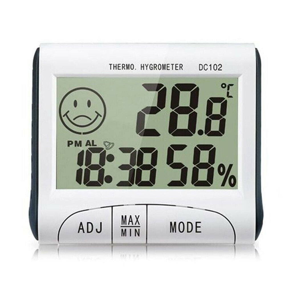 Миниатюрный цифровой вътрешен термометр-гигрометр-час DC102 с LCD-дисплеем, белый цвет, материал ABS, батарейка 1*AAA литиевая 1.5V 750mAh (входит в комплект), диапазон измерения температуры -10℃~50℃ / +14℉~+122℉, влажности 20%RH~90%RH, вес изделия 55г,