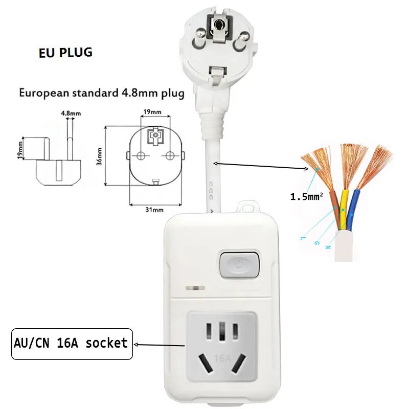 Переходник вилки EU на AU CN 10A 16A 0.5 Meter, AU 16A OUTLET