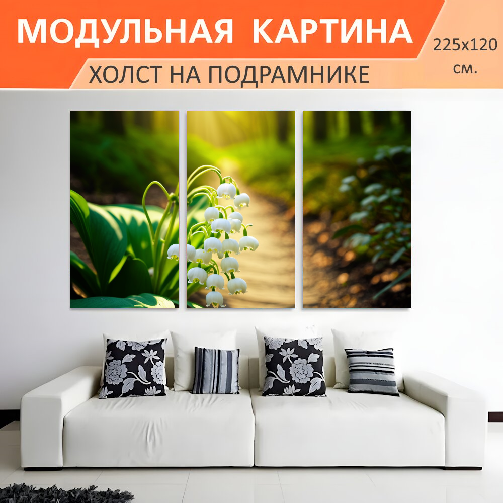 Модульная картина на холсте "Ландыши, растущие вдоль узкой тропинки в лесу, с золотистыми лучами солнца, пробивающимися сквозь." триптих на подрамнике 225х120 см. для интерьера