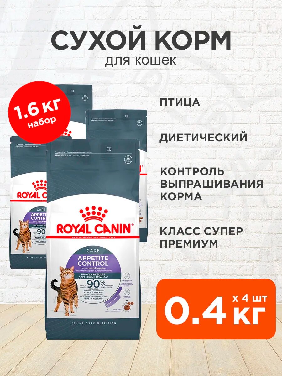 Корм сухой Royal Canin Appetite Control Care диетический для взрослых кошек контроль выпрашивания корма, 0,4 кг х 4 шт