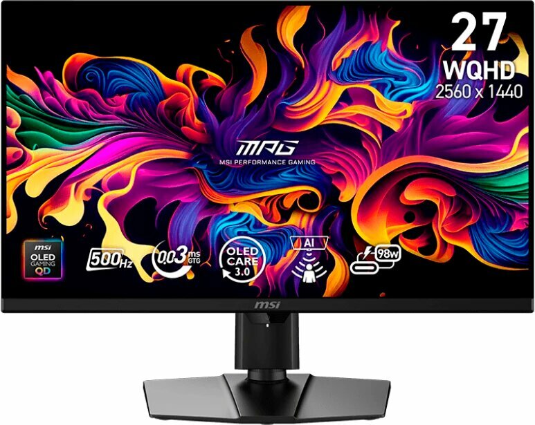 Монитор 26.5" MSI MPG 271QR QD-OLED X50 QD-OLED 2560x1440, 500 Гц, 0.03 мс, 16:9, 300 кд/м² (пиковая 1000 кд/м²), HDMI 2.1, DP, USB-C (98 Вт), USB Hub (2x USB 3.2), 3.5 Jack, HDR10, DisplayHDR 500 True Black, G-Sync Compatible, Adaptive-Sync, динамики